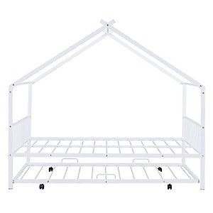 Merax Full Size Metal Floor House Bed Frame with Trundle for for Bedroom Dorm,Boys,Girls