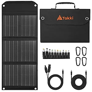 Takki 30W Solar Panel, Foldable Solar Panel Battery Charger Kit with USB DC Type-C Ports for Phones Laptop Portable Power Station Generator Camping Tent Home Off-Grid RV Outdoor, 10 Connectors