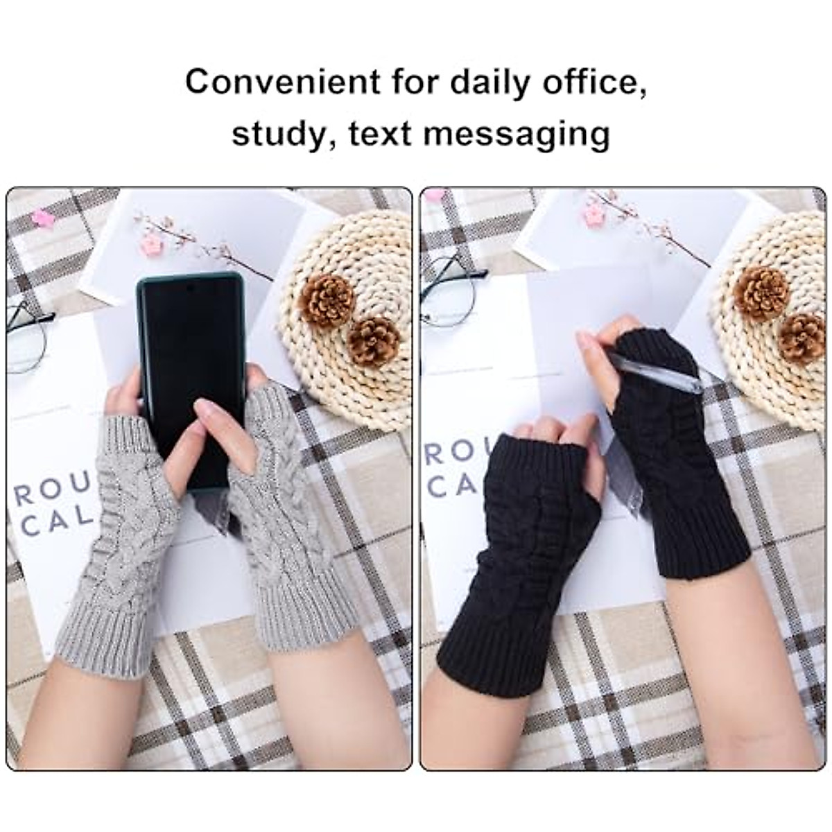 Loritta Womens Fingerless Gloves Winter Warm Knit Crochet Thumbhole Arm Warmers,B1- Black+light Gray(2 Pairs)