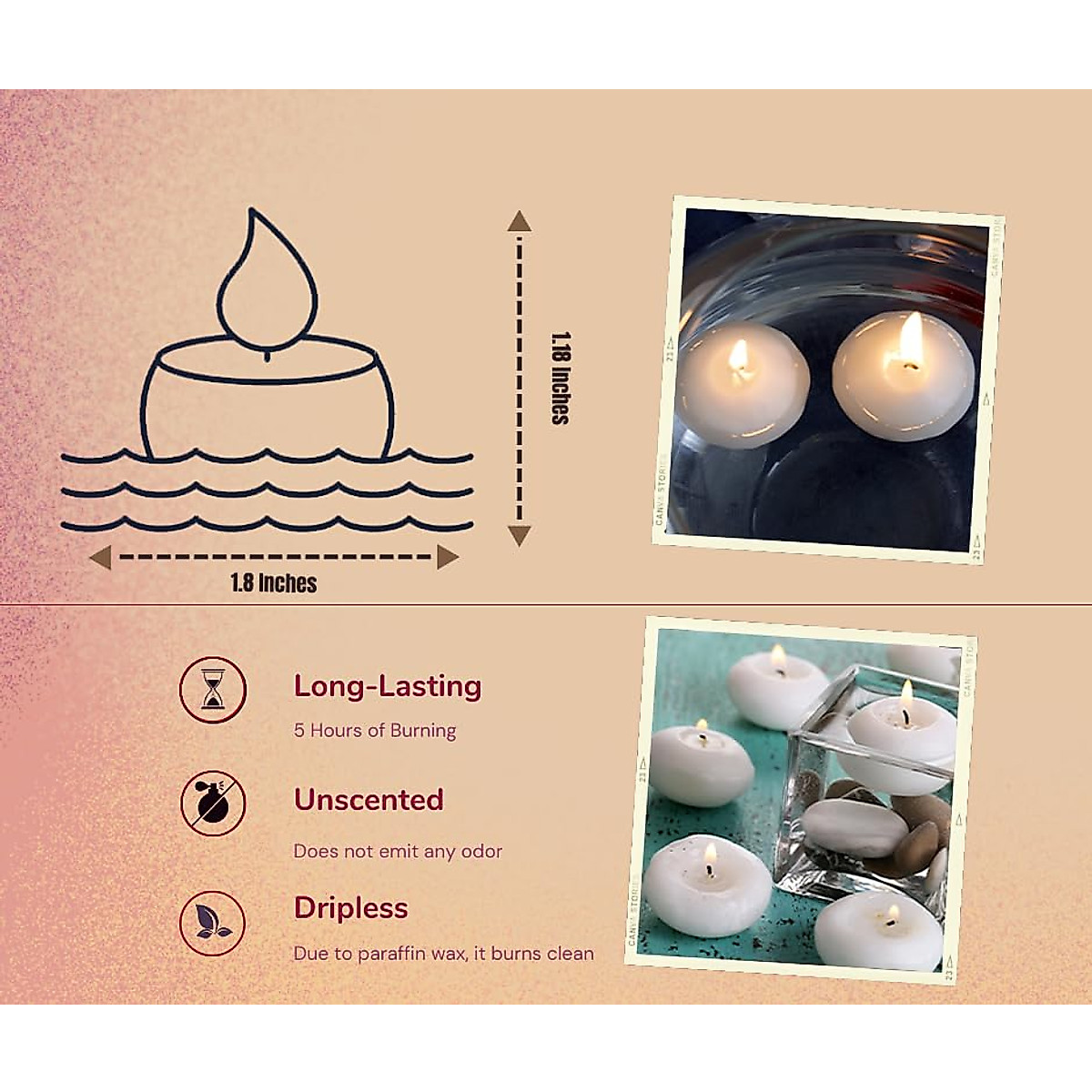 24 Pcs Floating Candles - 5 Hours Burning, Unscented Flameless Dripless Floating Candles | Centerpieces for Weddings, Special Occasions and Home Decorations 1.7 Inch (White 24 Pcs)