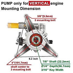 YAMATIC 7/8" Shaft Vertical Pressure Washer Pump 3000 PSI @ 2.5 GPM Replacement Pump for Power Washer Compatible with 308653045, 308653093, 308653052, 308653078, GCV190 Rear Inlet/Outlet