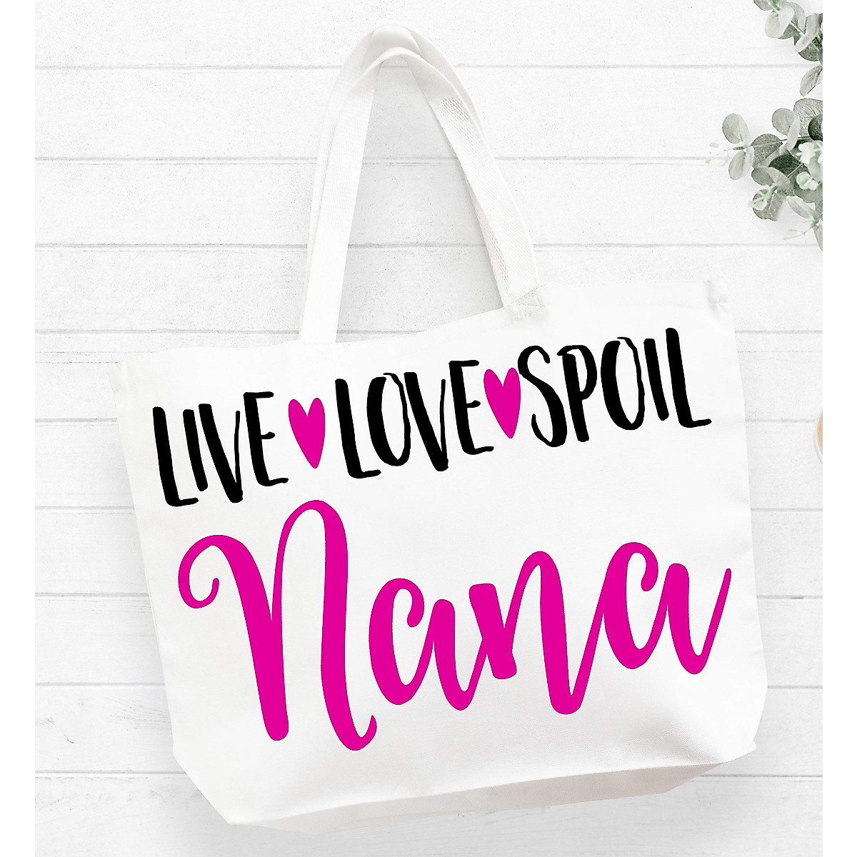 COCOVICI Nana Tote Bag | Grandma Gifts | Nana Gifts | Nana Christmas Gift | Christmas Gift from Grandkids (Live Love Spoil Pink/Black Font)