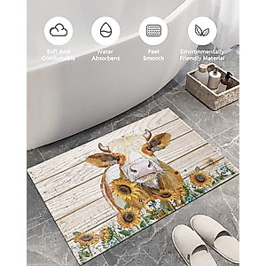 Fluffy Bath Rug Cow Sunflower Farm Flowers Animals Plank,Non Slip Shag Carpet Soft Floor Door Mat Pastoral Country Farmhouse,Absorbent Entrance Rugs for Kitchen Bathroom Living Room 24x35in