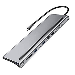 lamphle USB C Hub 11 in 1 60W Fast Transfer HDMI-Compatible Plug and Play, USB C Hub Multiport Adapter for PC Type-C to RJ45 VGA, USB C Docking Station Dual Monitor Silver