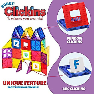 Playmags Magnetic Tile Building Set: Exclusive Educational Clickins 36-Pc. Kit: 18 Super Strong Clear Color Magnet Tiles Windows & 18 Letters & Numbers Stimulate Creativity & Brain Development
