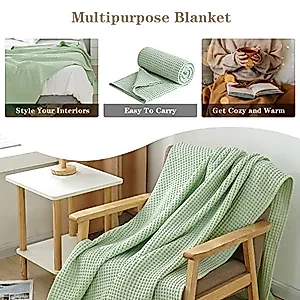 NATUREFIELD Waffle Weave Throw Blanket, 70" x 50" 100% Cotton Lightweight and Breathable Bed Throw, Soft and Comfortable Throw Blanket for Bed Couch Sofa All Season, Vintage Washed, Sage Green