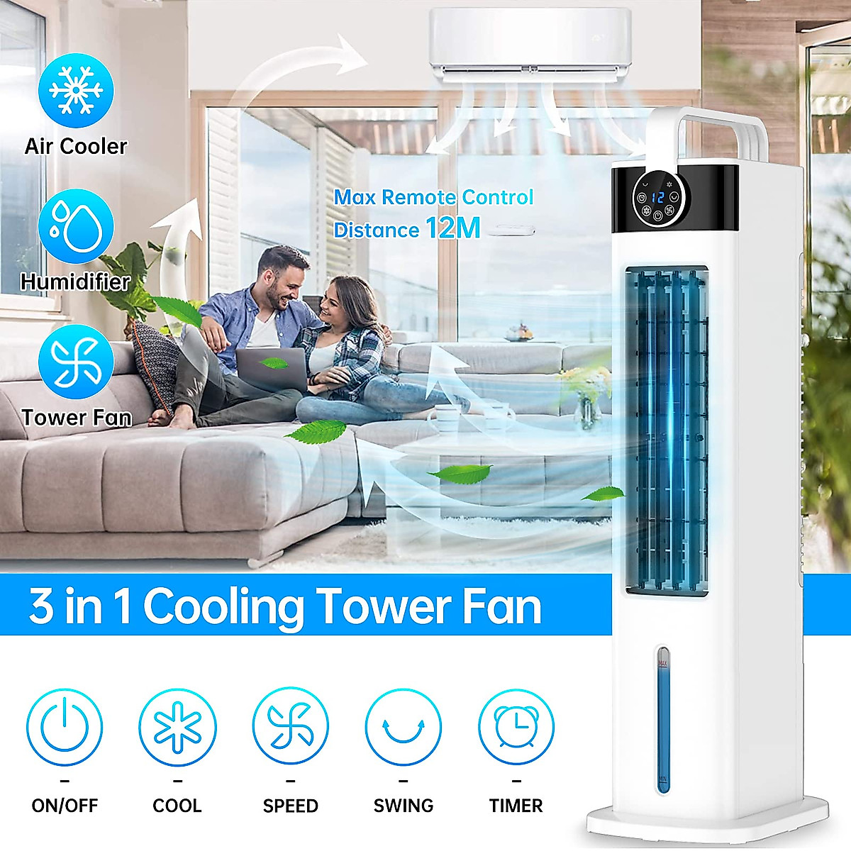 Evaporative Air Cooler, Portable Air Conditioner Fan, 35'' Evaporative Cooler with 3 Speeds & 52°Oscillation, 12-H Timer Remote Control Swamp Cooler w/Cooling Function for Home & Office