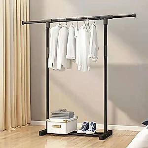 Simple Standard Rod Clothing Garment Rack,Super Easy Assembly NO Tools Required,Adjustable Floor Hanger, Used in The Bedroom to Hang Clothes, Hats, Bags,Shoes Boxes,Rolling Clothes Organizer,Black