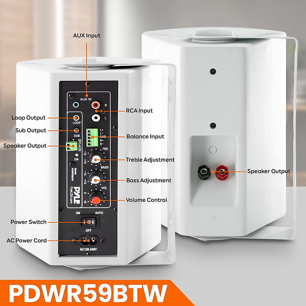 Pyle 5.25'' Pro-Active Wall-Mountable Bluetooth Speakers - 600 Watts Max, 300 Watts RMS w/ 2-Way Full Range Stereo Sound Reproduction, Pair, Rugged & Heavy Duty Cabinet Enclosure (White) PDWR59BTW