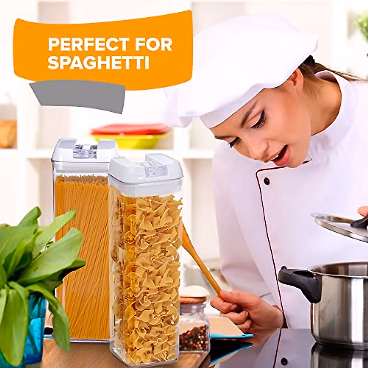 Cheer Collection One Size Airtight Food Storage Containers - Set of 4 IDENTICAL 65 oz Pantry Organizer Bins plus Marker and Labels - White lids