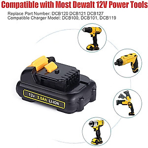 Xmenany 2Pack 3.0Ah DCB120 Battery Replacement for Dewalt 12V Battery Max Lithium-ion DCB120 DCB123 DCB127 Higher Capacity