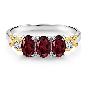 Gem Stone King 925 Silver and 10K Yellow Gold Oval Red Rhodolite Garnet and White Lab Grown Diamond Ring For Women (1.52 Cttw, Gemstone Birthstone, Available In Size 5, 6, 7, 8, 9)