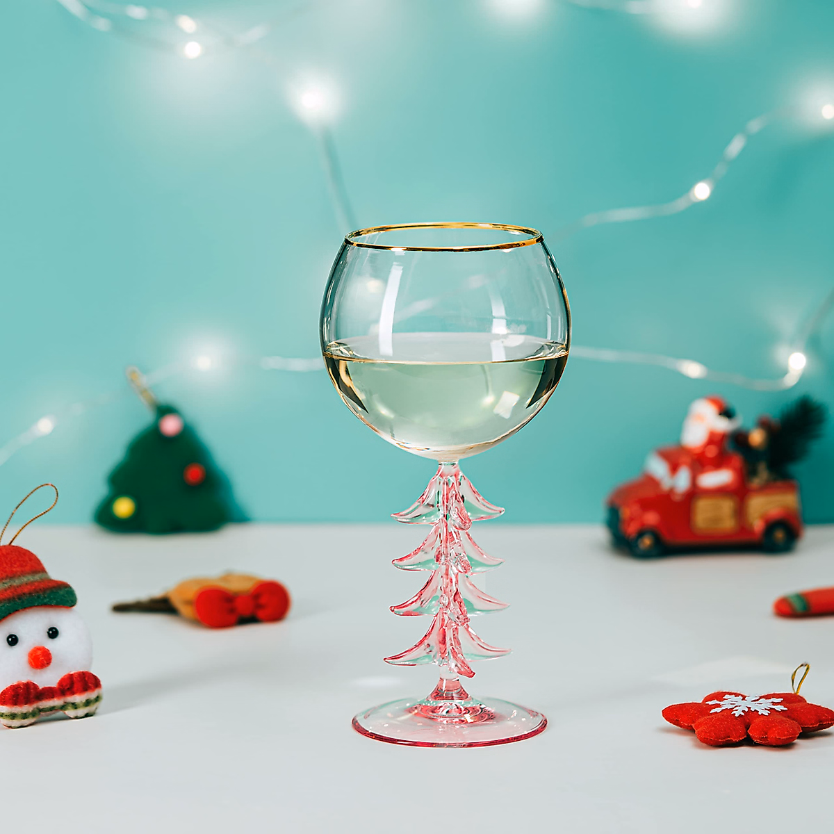 Crystal Winter Tree Stemmed Wine Glass - Pink - 12oz Goblet Bordeaux Gold Rim Colored Glassware, Cheerful Party Festive New Years Cheer for Winter Gift