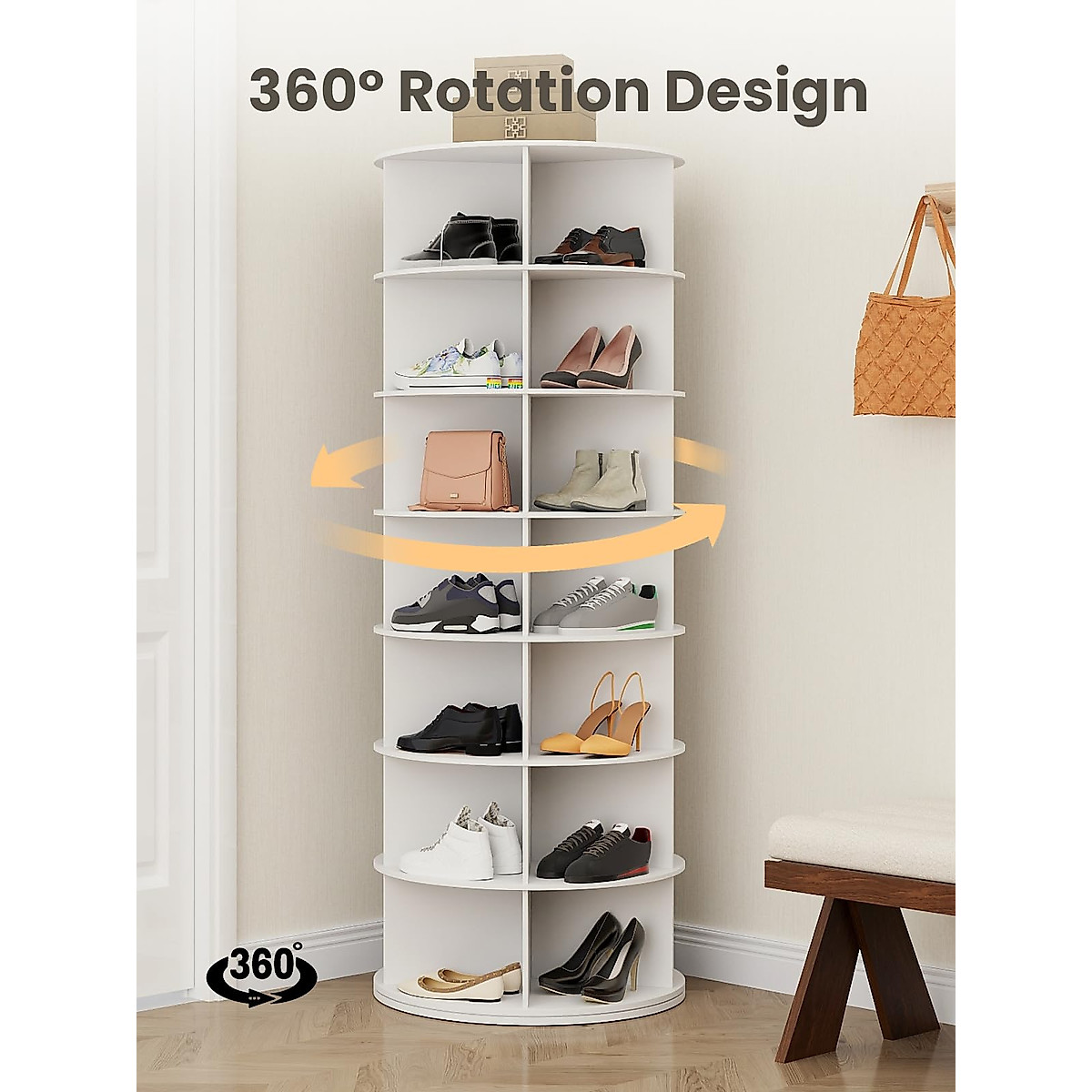 Toemics 7 Tier Rotating Shoe Rack Tower, 360° Spinning Display Lazy Susan Organizer, Holds 35 Pairs, Carousel for Shoes & Handbags, Easy Assembly, Includes 4 PCS Double-Layer Shoe Racks, White