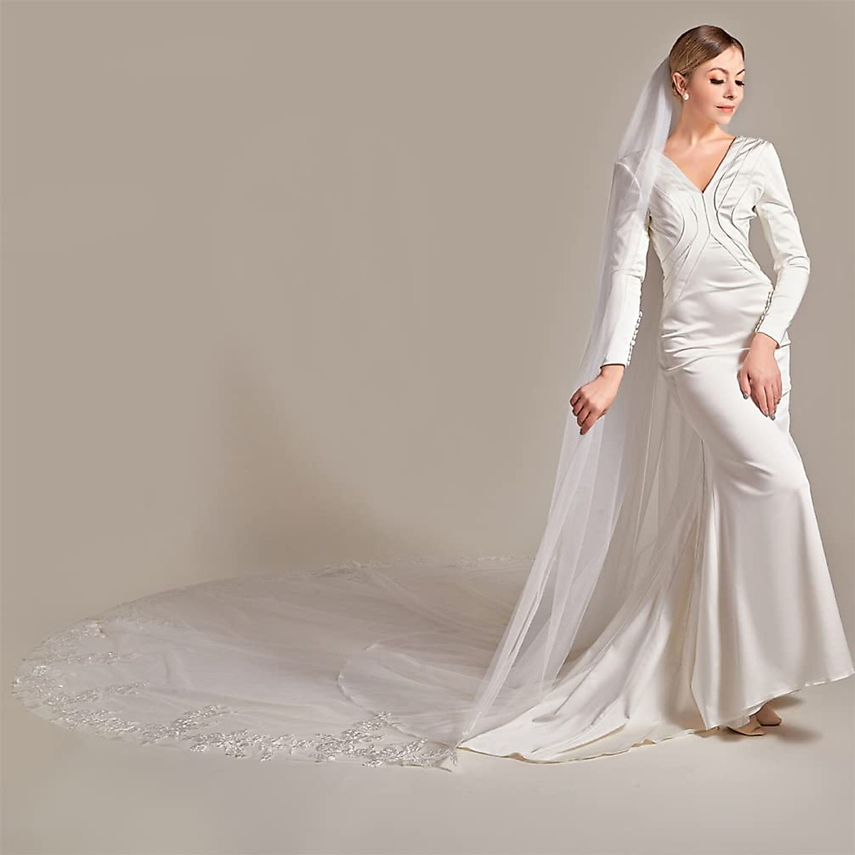 ruthyuexin Wedding Veil Applique Edge Cathedral Veil Flower One-Layer Bridal Veils Wedding Veils with Comb (ivory)