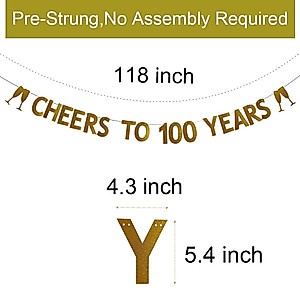 Betteryanzi Gold Cheers to 100 Years Banner,Pre-strung,100th Birthday/Wedding Anniversary Party Decorations Supplies,Gold Glitter Paper Garlands Backdrops,Letters Gold CHEERS TO 100 YEARS