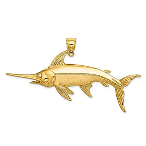 Solid 14k Yellow Gold 2-D Swordfish Charm Brushed Matte Finish Pendant - 28mm x 67mm