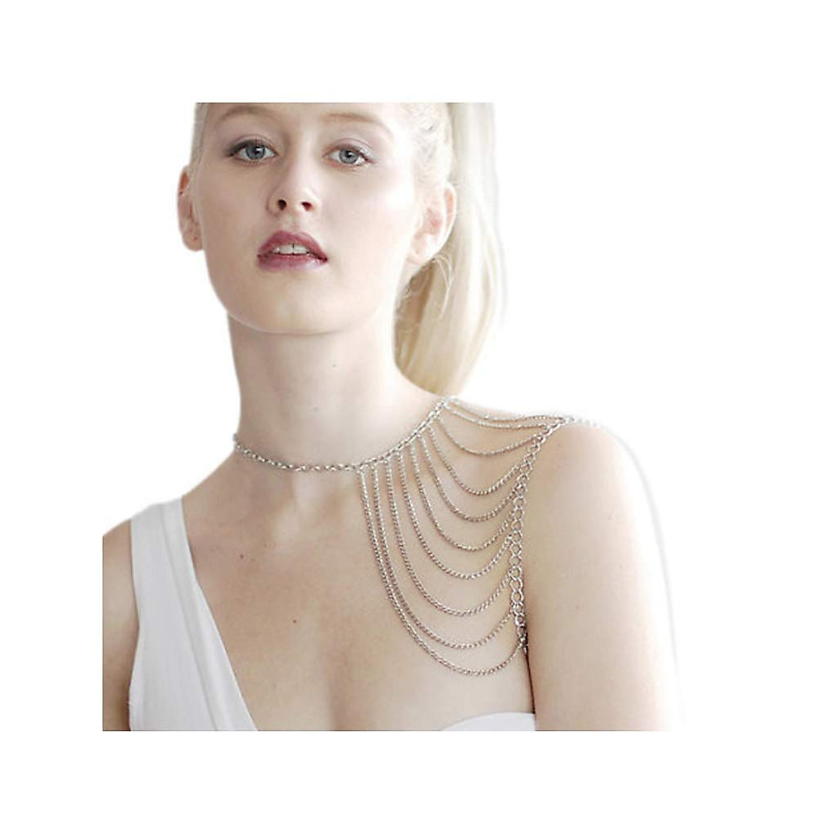 Tgirls Layered Punk Shoulder Chain Sexy Tassel Body Jewelry for Women and Girls (Silver)