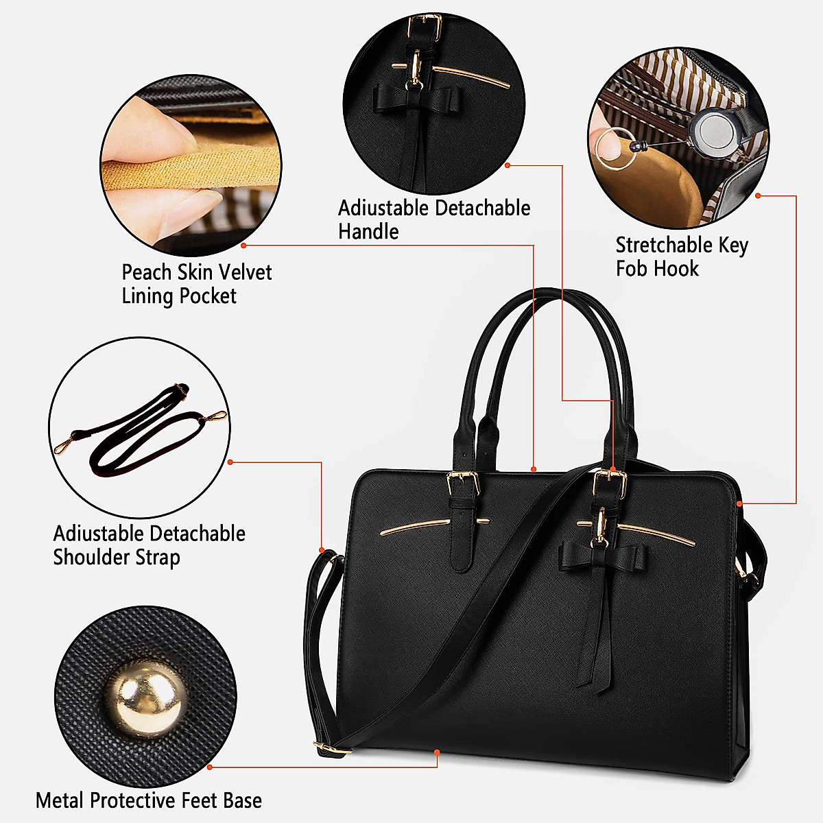 Laptop Tote Bag for Women, Large Waterproof PU Leather Work Briefcase with USB Charging Port Casual Computer Shoulder Bag Messenger fits 15.6 Inch, Business Handbag Satchel Purse 2pcs Set, Black