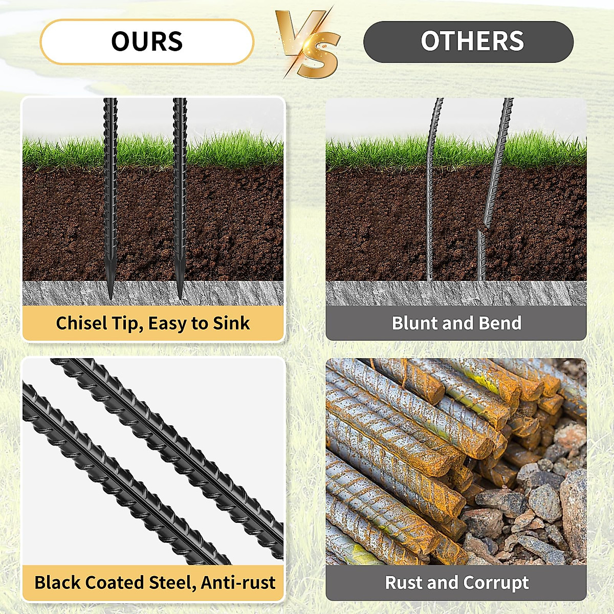 Besitu 24 Inches Straight Rebar Stakes(20-Pack), 1/2" Diameter Steel Metal Stakes for Garden with Chisel Point End Heavy Duty Ground Anchors for Landscape, Concrete Form, Camping & Trapping Black