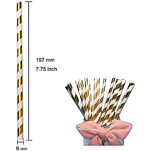 Shining Gold Striped Paper Straws, 100Percent Biodegradable Decorate Straws, Premium Cocktails Straws for Drinking, Juice, Smoothie Packed 100, 6x197mm