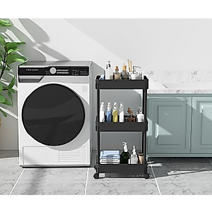 Sooyee 3-Tier Plastic Rolling Utility Cart with Wheels, Multi-Functional Storage Trolley for Office, Living Room, Kitchen, Movable Storage Organizer with Wheels, Black