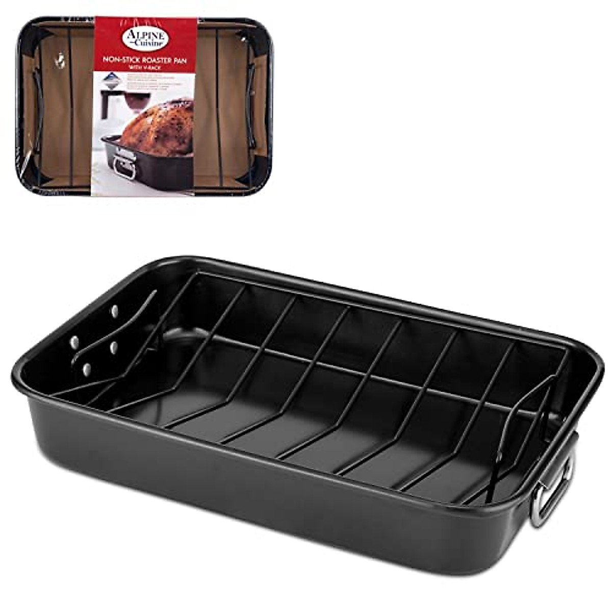 Alpine Cuisine Turkey Roaster Pan with Rack 16-Inch - Nonstick Coating Carbon Steel Pan - Black & Heavy Duty Roasting Pan - Easy to Clean, Multipurpose Use - Durable & Dishwasher Safe