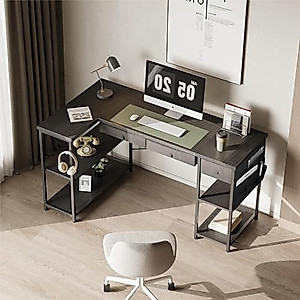 Ｍａｉｈａｉｌ Maihail Home Office Desk with Drawers and Shelves, 55” Computer Corner Desk for Small Space, Small L Shaped Desk with Side Storage for Bedroom, Black