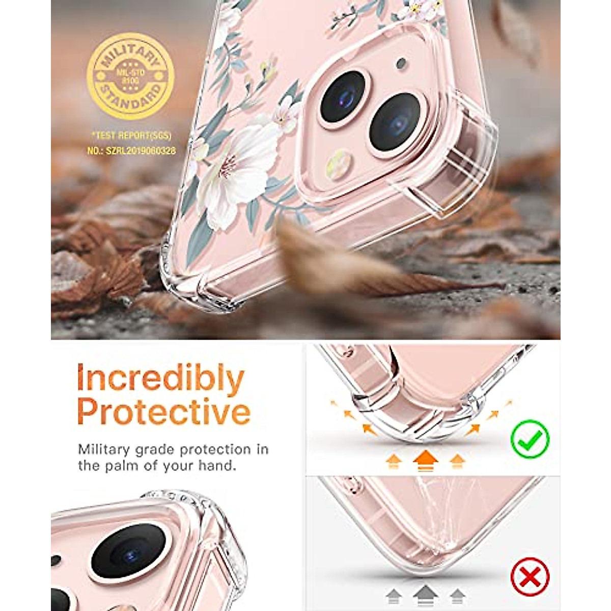 GVIEWIN Designed for iPhone 13 Case 6.1 Inch, with Tempered Glass Screen Protector + Camera Lens Protector Clear Flower Soft & Flexible Shockproof Floral Women Phone Cover（Magnolia/White）