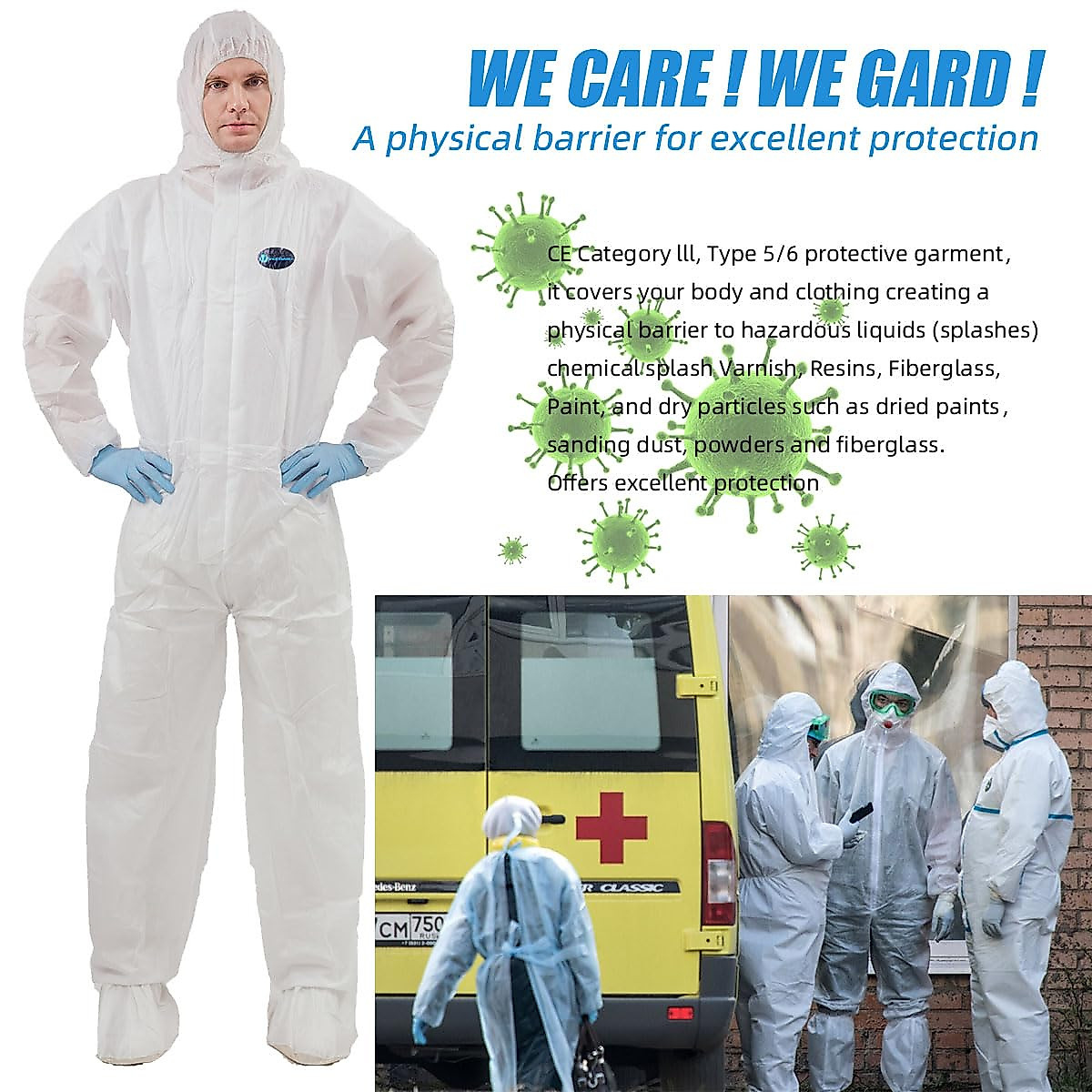 VVicogard Protective Overalls Disposable Coveralls, Front Zipper Elastic Waistband & Cuffs Ankles, SMS Isolation Coverall Suit with Hood for Hospitals, Laboratories, Medical