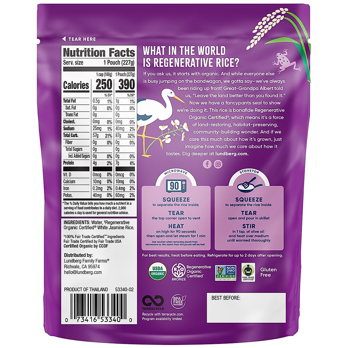 Lundberg Jasmine Rice, Microwave or Stovetop, 6-Pack – Long-Grain, Fluffy & Aromatic, Ready in 90 Seconds, Regenerative Organic Certified, 8 Oz Ea
