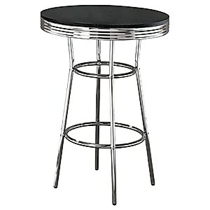 Coaster Home Furnishings Retro 1950s Soda Fountain Diner Pub Height Game Room Bar Table Black Laminate Top Sturdy Steel Chrome Base 2405