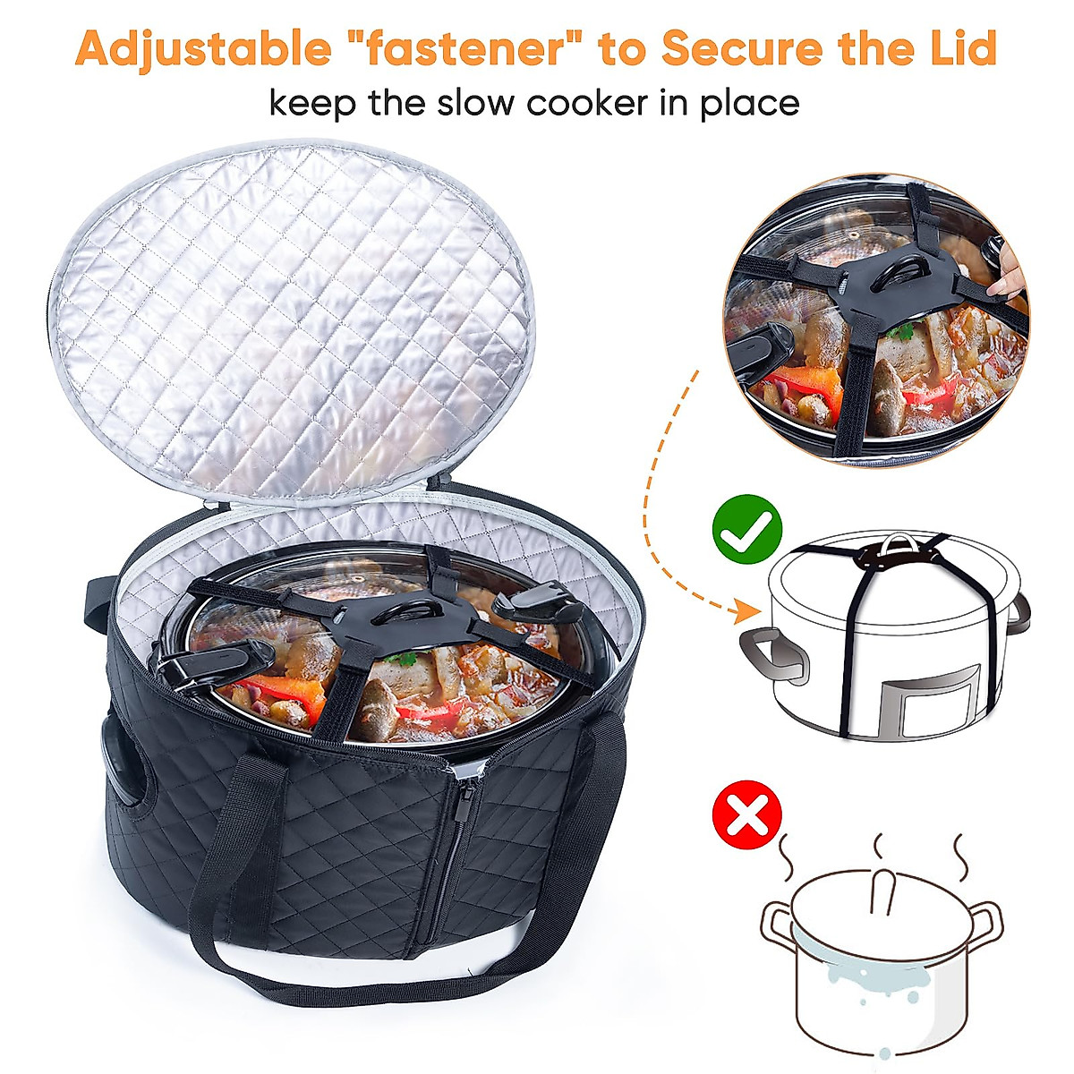 BAGSPRITE Slow Cooker Carrying Case Compatible with 6-8 Quart Crockpot Carrier for Hot Food and Hamlton Beach Slow Cooker Tote with Lid Fastener for Crock-pot Dust Cover Applicances