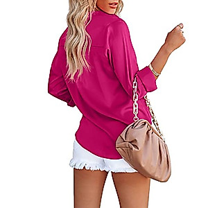 OMSJ Women's Button Down Shirts Satin V Neck Long Sleeve Casual Work Blouse Tops with Pocket (1173L, Rose Red)