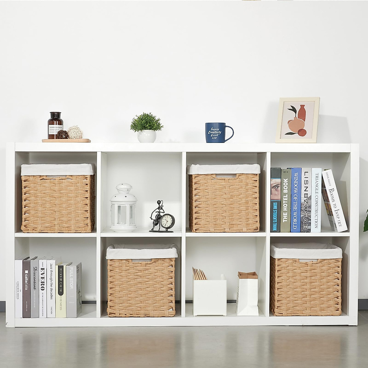 Bidtakay Wicker Storage Baskets with Liners 11x11 Storage Cube Bins with Handles Imitation Water Hyacinth 4-Pack Waterproof Woven Storage Baskets for Organizing Rattan Baskets Organizer-Natural