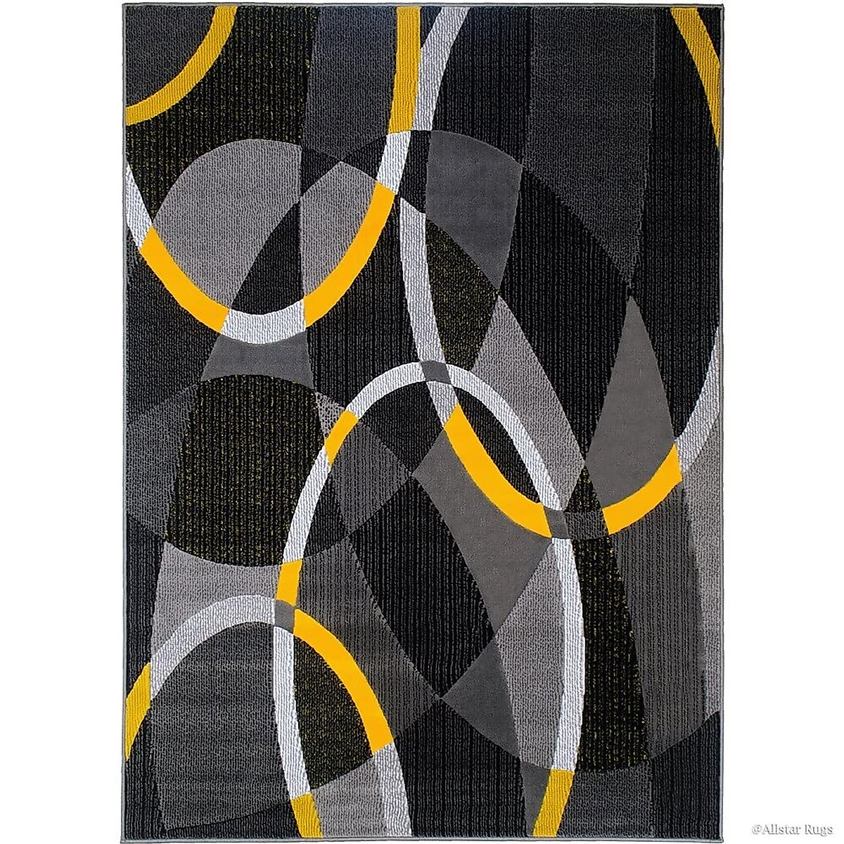 Allstar 8x10 Charcoal Grey and Grey Modern and Contemporary Rectangular Accent Rug with Yellow and Gainsboro Grey Intersecting Ring Design (7' 9" x 9' 8")