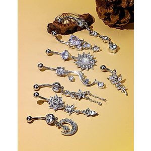Vsnnsns 14G Belly Button Rings for Women Stainless Steel CZ Opal Long Dangle Belly Button Piercing Jewelry Belly Rings Bars Curved Navel Ring Barbell Body Jewelry Piercing for Women Men Silver 8Pcs