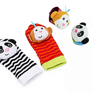 asUwish 4Pcs Baby Soft Rattle，Cute Soft Baby Socks Toys，Wrist Chew Toy，Baby Socks Toys Wrist Rattle and Foot Finder for Newborn Boy or Girl (Monkey and Panda)