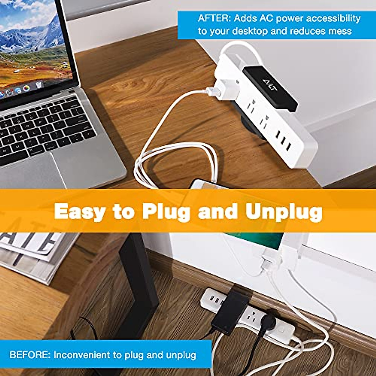 AVLT Power Strip Desk Mount - Desk Clamp Power Strip Holder - Power Strip Clamp Mount - Fits Power Strip Width Between 1.6" to 2.4" - for Desk Edge, Work Bench, Spinal Condition - Black