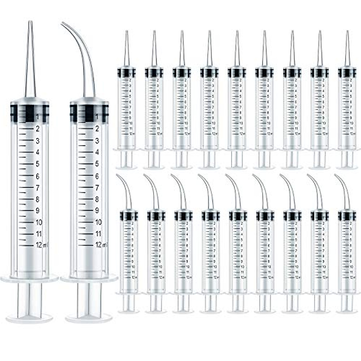12 ml Plastic Syringes Set, Dental Syringe with Curved Tip and Straight Tip, Disposable Irrigation Syringe Mouthwash Cleaner for Oral Care, Animal Feeding, with Measurement (20 Pieces)