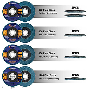 PRVEW Flap Discs 4 1/2 Inch, 5-Pack 4.5" x 7/8" T29 Premium Zirconia Abrasive Grinding Wheels, 40/60/80/120 Assorted Grits Flap Sanding Disc for Metal,Stainless Steel