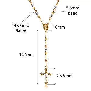 Savlano 14K Gold Plated Beaded Rosary Cross Necklace – 6.5MM Crucifix Cross Medallion Rosary Chain Y-Necklace for Women & Men Religious Jewelry Comes in Gold, Gold-Rose-Silver with a Gift Box (Tricolor)