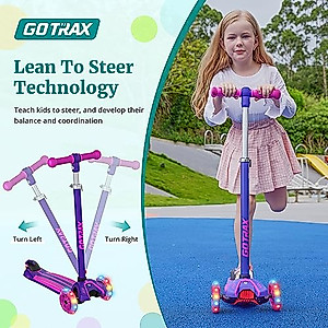 Gotrax KS1 Kids Kick Scooter, LED Lighted Wheels and 3 Adjustable Height Handlebars, Lean-to-Steer & Widen Anti-Slip Deck, 3 Wheel Scooter for Boys & Girls Ages 2-8 and up to 100 Lbs (Purple)