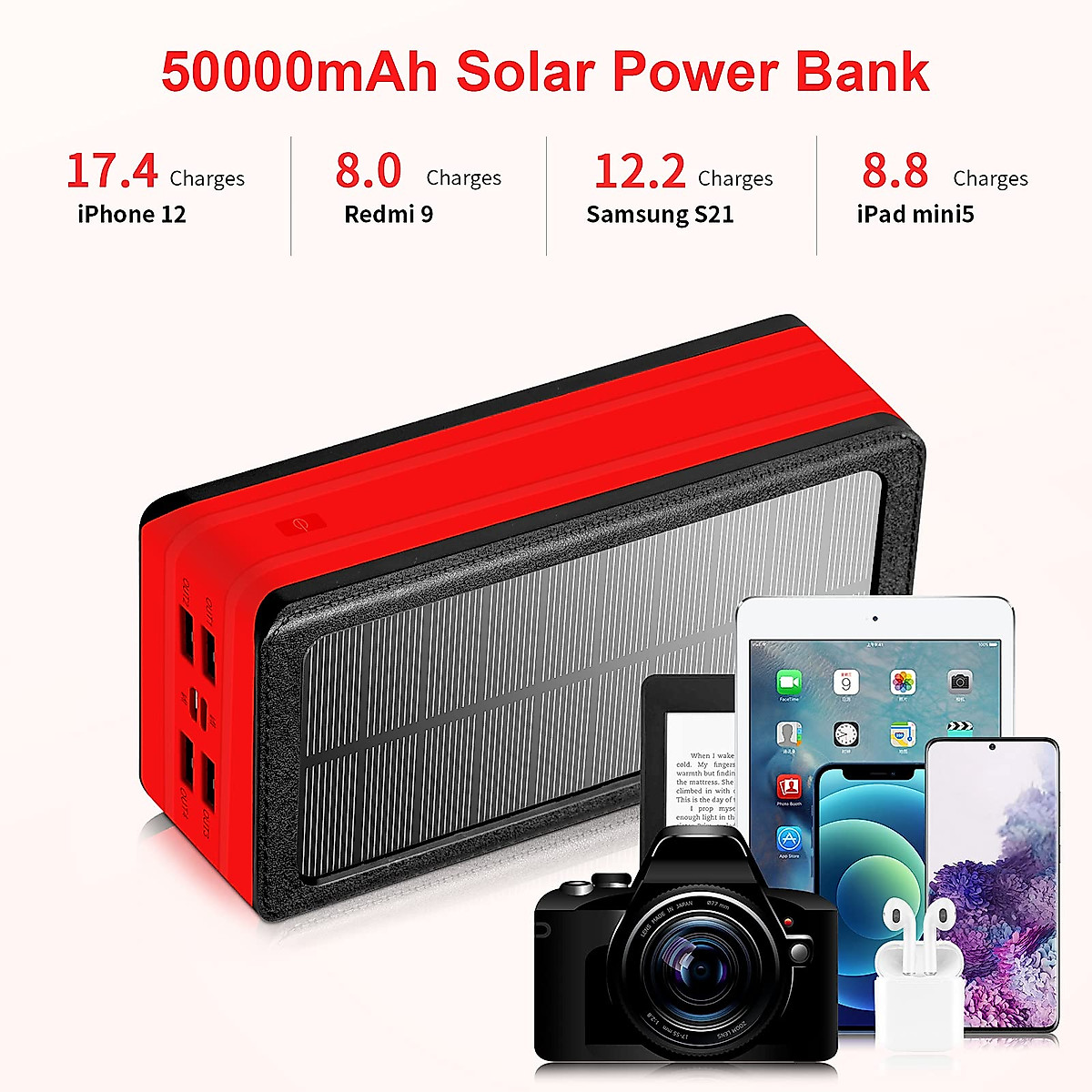 Solar Power Bank 50000mAh, Portable Solar Phone Charger with Flashlight, 4 Output Ports, 2 Input Ports, Solar Battery Bank Compatible with iPhone for Camping, Hiking, Trips