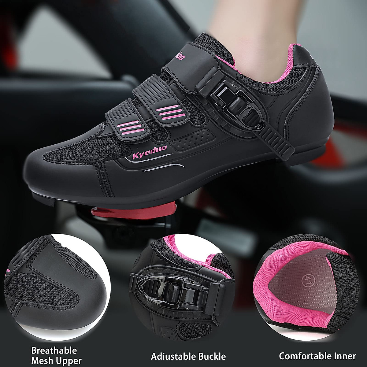Womens Cycling Shoes Compatible with Peloton Bike Clip in Ladies Indoor Cycling Road Bike Riding Biking Shoes, Pre-Installed Delta Cleats Size 8.5 Black Pink