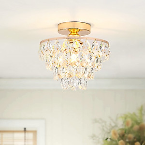 Luupyia Gold Crystal Chandelier Small Modern Chandelier, Mini Ceiling Light Flush Mount Crystal Chandelier Hallway Light Fixtures Ceiling Crystal Light for Hallway Bedroom Hall Living Room