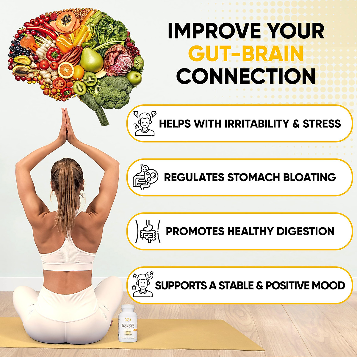 Lifted Naturals Mood Boosting Probiotic 30 Billion CFU - Mood Support Supplement, Prebiotics and Probiotics for Women & Men, Acidophilus Lactobacillus Probiotic, Shelf Stable & Non-GMO, 60 Capsules