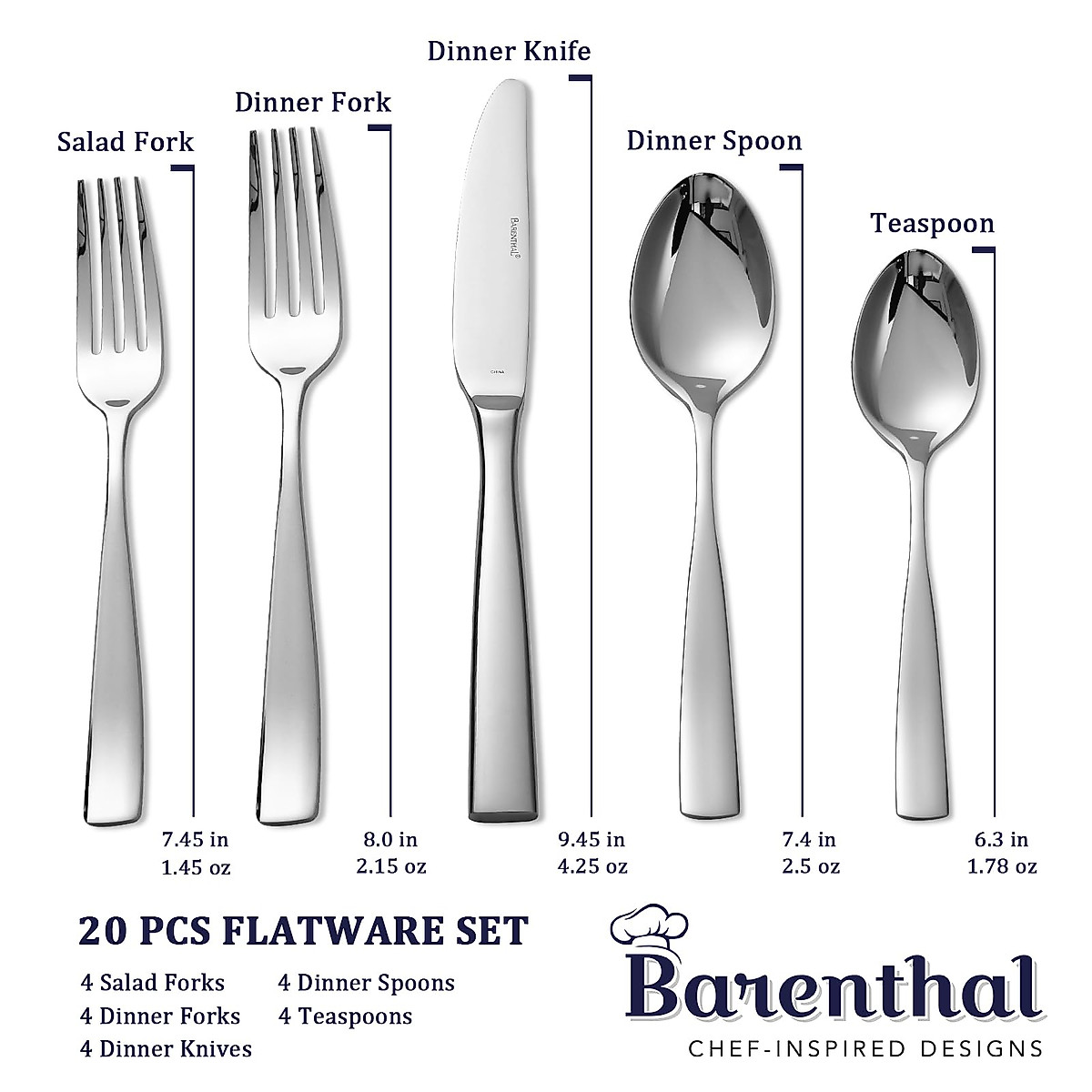 Silverware Set for 4, Barenthal 20 Piece Luxury Heavy Duty Silverware Flatware Set, Mirror Finish, Dishwasher Safe, Premium 18/10 Stainless Steel Cutlery Set for Home, Kitchen, Wedding, Party, Gift