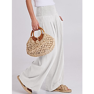 ANRABESS Women Linen Palazzo Pants Summer Boho Wide Leg High Waist Casual Lounge Pant 2025 Beach Travel Vacation Outfits White X-Large