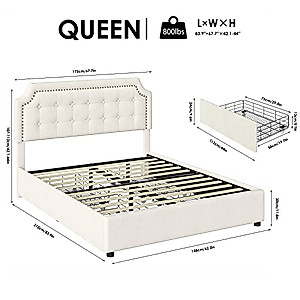 Keyluv Upholstered Queen Bed Frame with 4 Storage Drawers, Velvet Platform Bed with Curved Button Tufted Headboard with Nailhead Trim, Solid Wooden Slats Support, No Box Spring Needed, Beige